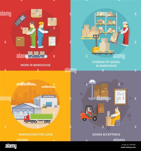 Warehouse Design Concept Set With Goods Acceptance And Storage Flat Icons Isolated Vector