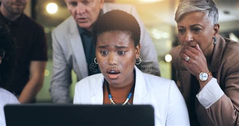 Stress Computer And Business Woman With Team And Stock Market Crash Financial Crisis Or Online