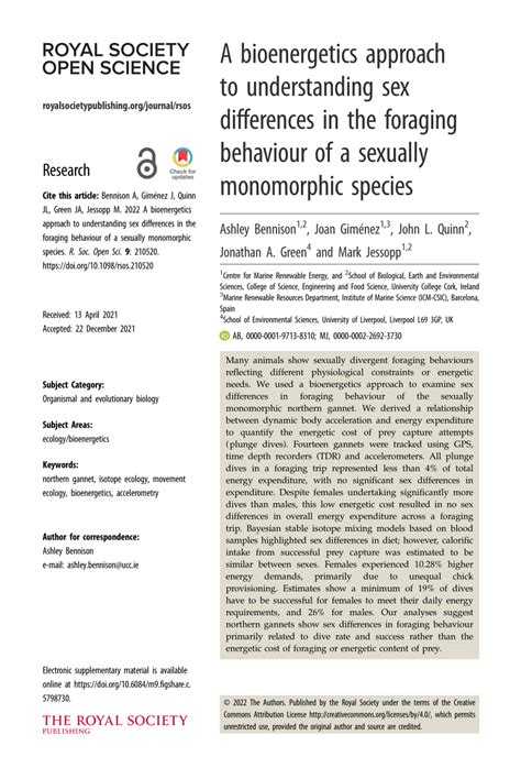 PDF A Bioenergetics Approach To Understanding Sex Differences In The Foraging Behaviour Of A