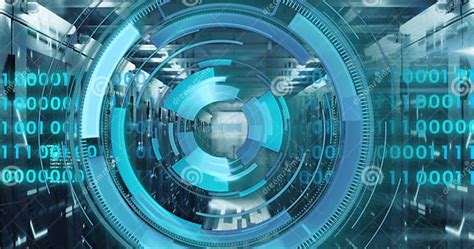 Image Of Loading Circles Over Binary Codes Against Bars On Server Room