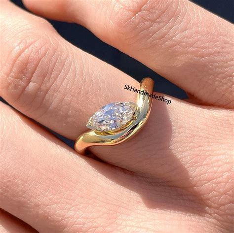 Curved Band Ring 14k Yellow Gold Designer Ring East To West Style Engagement Ring 1 Ct