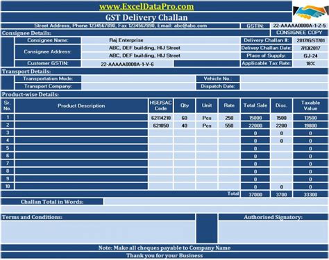 Download Gst Delivery Challan Format In Excel For Transportation Of
