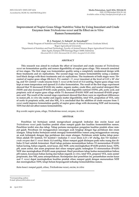 Pdf Improvement Of Napier Grass Silage Nutritive Value By Using Inoculant And Crude Enzyme