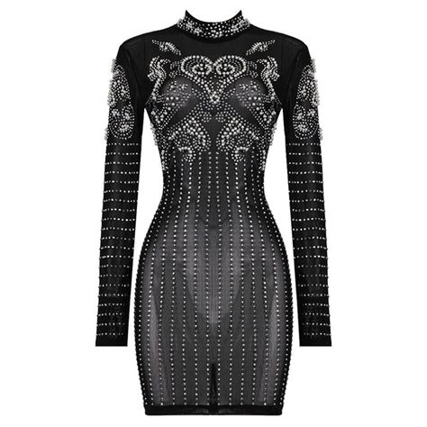 Finery Crystal Embellished Black Sheer Mesh Dress Pearl Beading Long