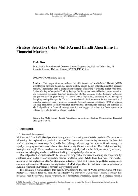 Pdf Strategy Selection Using Multi Armed Bandit Algorithms In Financial Markets