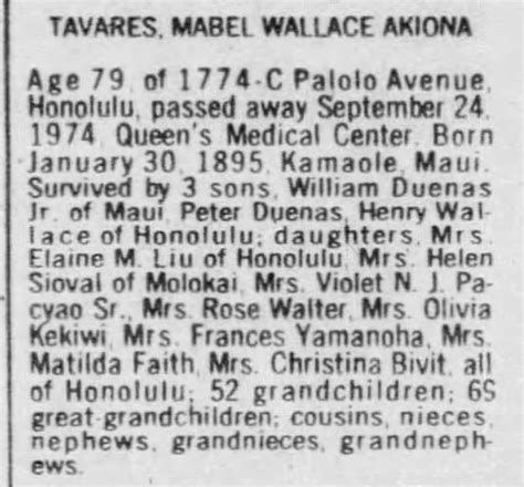 obituary for mabel wallace tavares 1895 1974 aged 79 ™