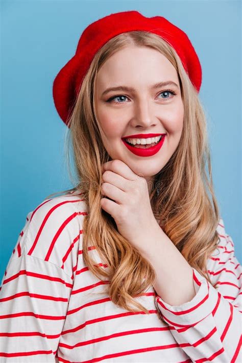 Magnificent Blonde Young Woman Taking Selfie On Blue Background Cheerful French Girl In Beret