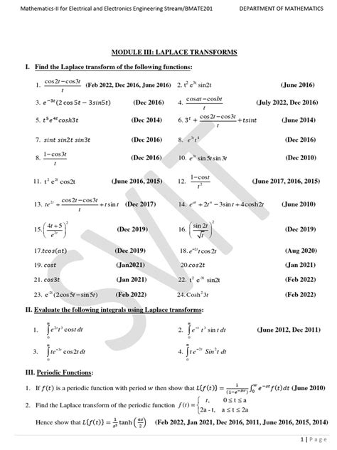 Module Iii Laplace And Inverse Laplace Transforms Qb Pdf Laplace