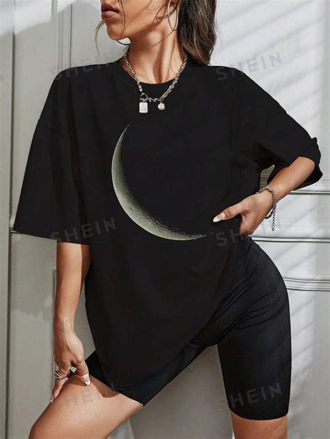 Shein Ezwear Moon Print Drop Shoulder Tee Shein Uk