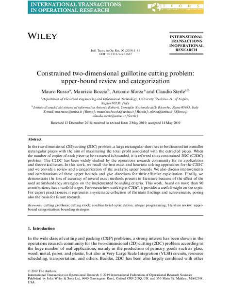 Pdf Constrained Two‐dimensional Guillotine Cutting Problem Upper‐bound Review And Categorization