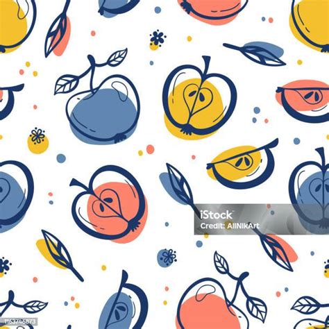 애플 과일 반복 배경 손으로 그린 낙서 사과 꽃과 잎과 원활한 패턴 다채로운 과일 바탕 화면 건강한 여름 음식 배경 개체 그룹에 대한 스톡 벡터 아트 및 기타 이미지