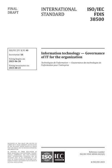 ISO IEC FDIS 38500 2023 Information Technology Governance Of IT For The Organization