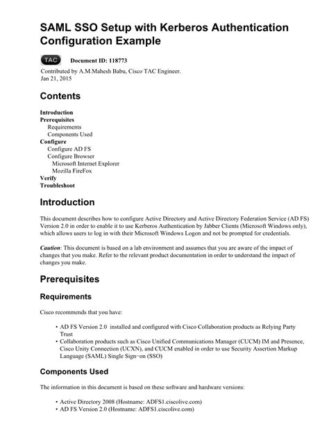 SAML SSO Setup With Kerberos Authentication Configuration Example DocsLib