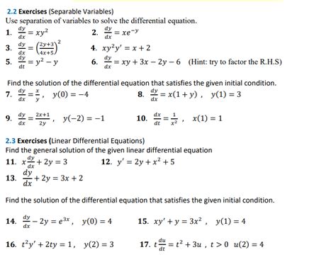 Solved 2 2 Exercises Separable Variables Use Separation Of