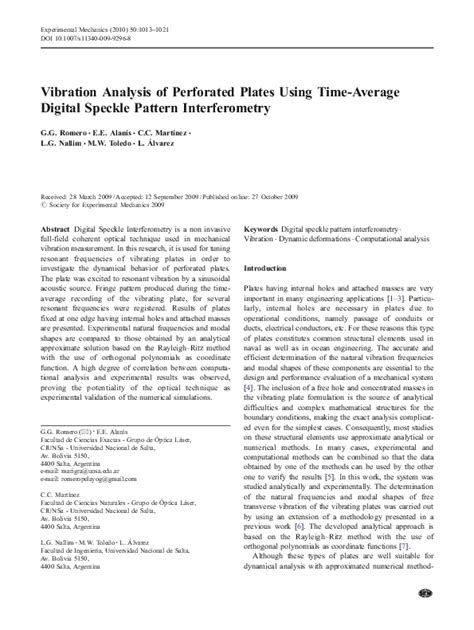 Pdf Vibration Analysis Of Perforated Plates Using Time Average Digital Speckle Pattern