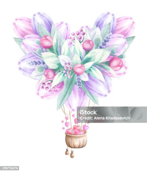 날아다니는 하트로 가득 찬 바구니가 있는 하트 모양의 꽃 풍선 로맨틱한 발렌타인 데이 인사말 카드 초대장 및 결혼식 디자인을