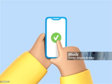 녹색 체크 표시가 있는 스마트폰을 들고 있는 3d 만화 손 스마트폰 화면의 체크 표시 파란색 배경에 고립된 손가락 터치