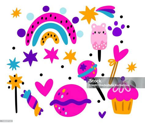 귀여운 유니콘 과자 만화 디저트 화려한 무지개와 별 마술 지팡이 아이스크림 롤리팝과 사탕 맛있는 케이크 맛있는 카라멜 롤리 벡터 격리 된 음식 분홍색 요소 세트 개체 그룹에