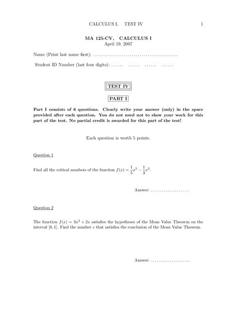 Conclusion Of Mean Value Theorem Calculus I Exam Docsity
