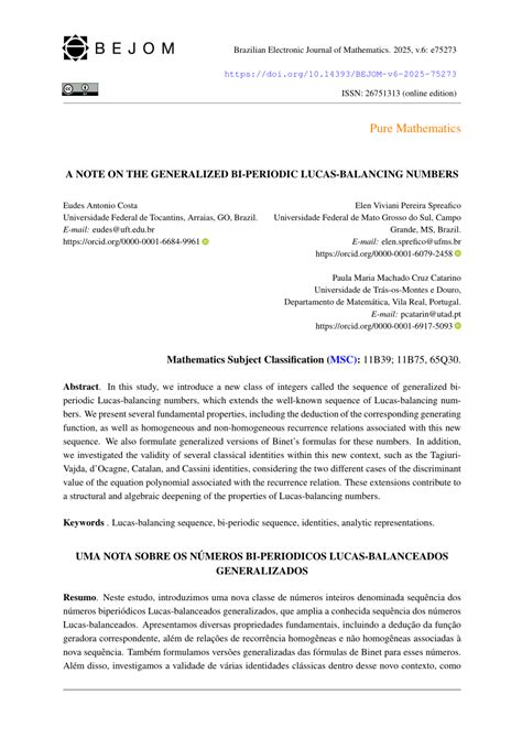 Pdf A Note On The Generalized Bi Periodic Lucas Balancing Numbers