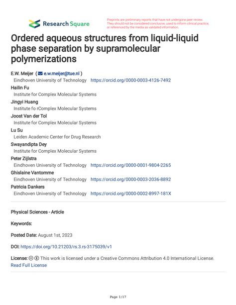 Pdf Ordered Aqueous Structures From Liquid Liquid Phase Separation By Supramolecular