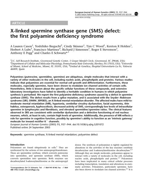 Pdf X Linked Spermine Synthase Gene Sms Defect The First Polyamine