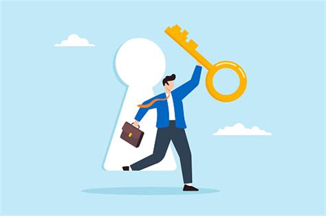 황금 비밀 열쇠를 들고 열쇠 구멍을 통해 걸어 다니며 경력 기회를 발견하고 성공을 잠금 해제하는 사업가의 평면 그림 개념에 대한