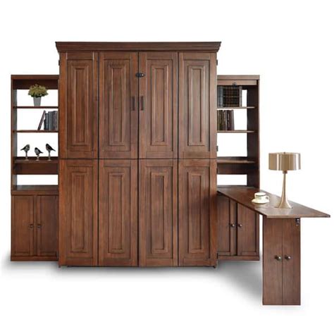 Mahogany Finish Queen Murphy Bed With Two Door Bookcases With Flip Down