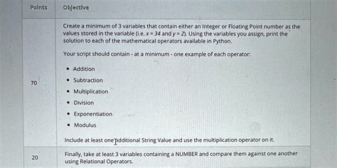 Solved Points Objective Create A Minimum Of 3 Variables That Contain Either An Integer Or