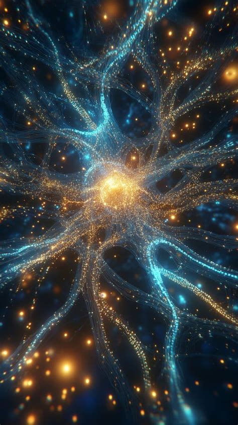 Glowing Neural Network Visualization With Interconnected Electric Blue And Orange Lights Stock