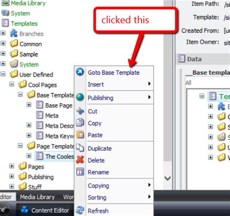 navigate to base templates of a template using a sitecore command