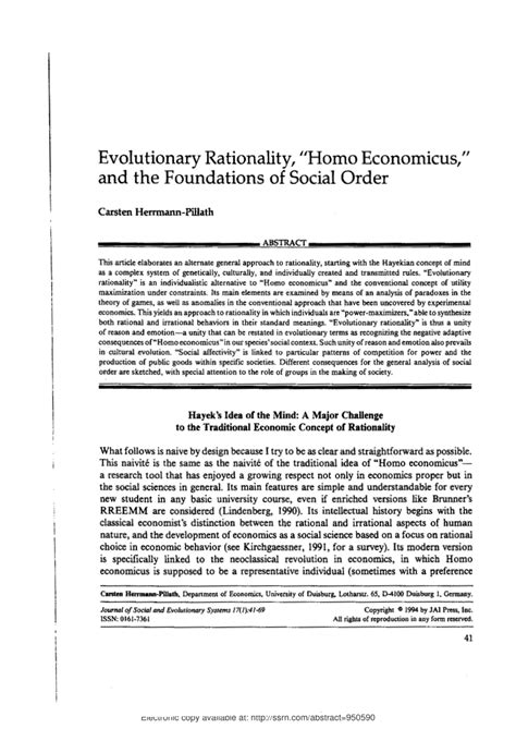 Pdf Evolutionary Rationality Homo Economicus And The Foundations