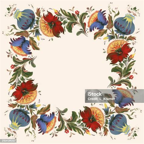 숄 카펫 두건 빨간색과 파란색 꽃 나뭇잎 베이지 색 배경에 가지가 있는 타일에 대한 민속 회화 스타일의 손으로 그린 꽃 패턴 0명에 대한 스톡 벡터 아트 및 기타 이미지