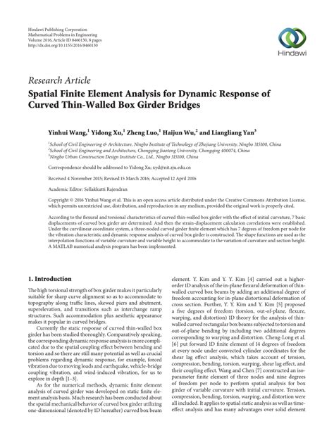 Pdf Spatial Finite Element Analysis For Dynamic Response Of Curved Thin Walled Box Girder Bridges
