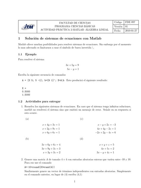 Actividad Práctica 2 Matlab Pdf Matriz Matemáticas Ecuaciones