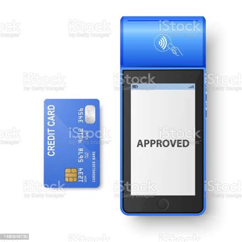 벡터 3d Bue Nfc 지불 기계 승인 상태 및 파란색 신용 카드 와이파이 무선 결제 Pos 단말기 은행 결제 비접촉식 단말기의 기계 설계 템플릿 모형 상위 뷰 3차원