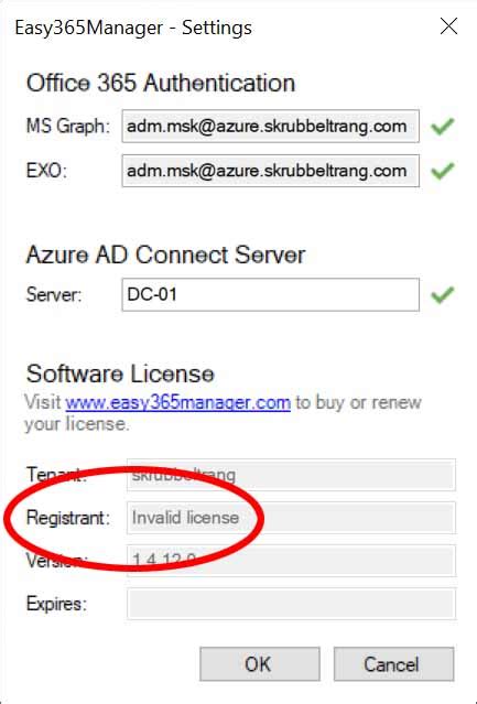 Invalid License Easy365manager