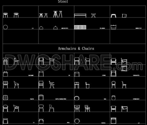 CAD Blocks Of Various Types Of Seating Furniture Including Chairs Sofas And Stools