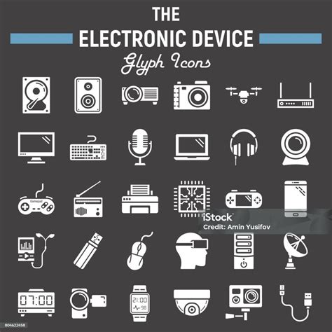 전자 장치 고체 아이콘 설정 문자 무늬 로고 일러스트 벡터 스케치 기술 기호 컬렉션 패키지 Eps 10 검은 배경에 고립 0명에 대한 스톡 벡터 아트 및 기타 이미지