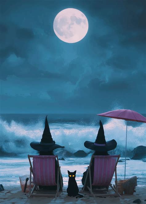 Witches Relaxing On Beach Under Full Moon Poster Picture Metal