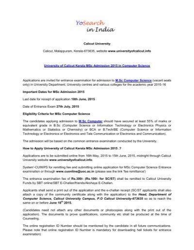 Calicut University MSc Admission 2015 In Computer Science