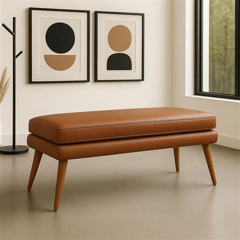 Handmade Mid Century Modern Faux Leather Bench Brown Entryway Seating