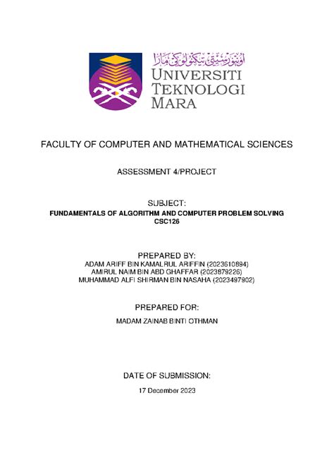 Project Proposal CSC126 FACULTY OF COMPUTER AND MATHEMATICAL SCIENCES