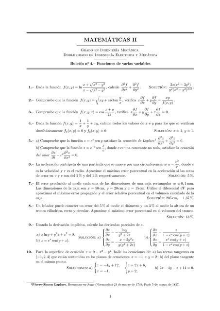 Matemáticas Ii Boletín N° 4 Funciones De Varias Variables Help Ingenieros Udocz