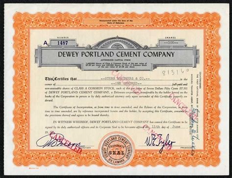 Dewey Portland Cement Co Stock Certificate