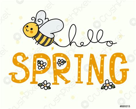 Hello Spring Cute Bee Doodle Cartoon Vector Illustration Stock Vector