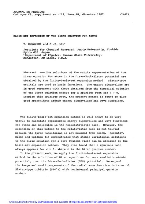 Pdf Basis Set Expansion Of The Dirac Equation For Atoms