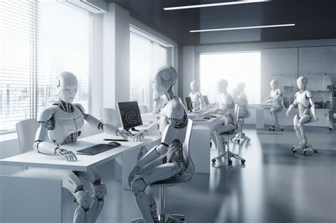 Humanoid Robot Working In Modern Smart Office Future Technology Concept 3d Rendering Toned