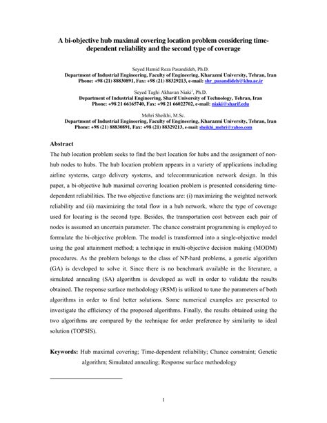 Pdf A Bi Objective Hub Maximal Covering Location Problem Considering Time Dependent