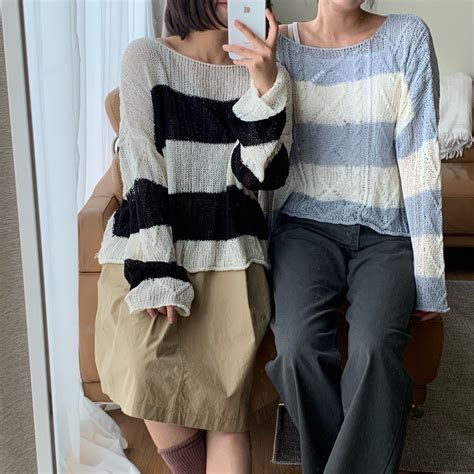 도리 스트라이프 니트 4color 우정템~ 데일리 스트라이프 투웨이 부클 니트 그물 니트 단가라 니트 에이블리